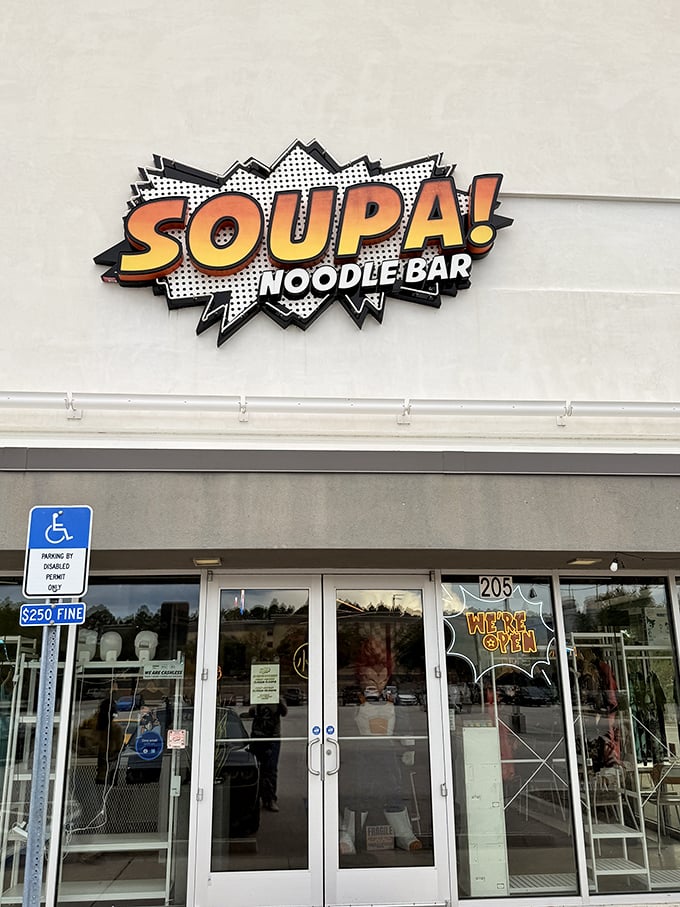 The playful comic book styling of Soupa Noodle Bar makes this noodle shop stand out with its bold, action-packed signage.