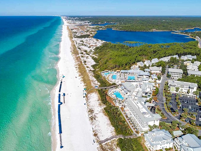The pristine beaches of WaterColor stretch as far as the eye can see, with boardwalks protecting the delicate dune ecosystem.
