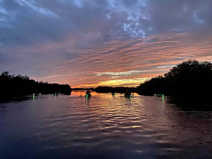 Sunset gives way to the real show&mdash;as darkness falls, the water prepares its luminous performance.
