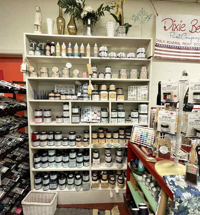 DIY dreams come true at the Dixie Belle Paint display, where ordinary furniture goes to get its technicolor comeback story.