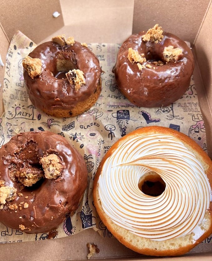 Chocolate Donuts: Chocolate three ways &ndash; these triple-threat treats showcase the humble cacao bean's versatility from glaze to crumble to dough.