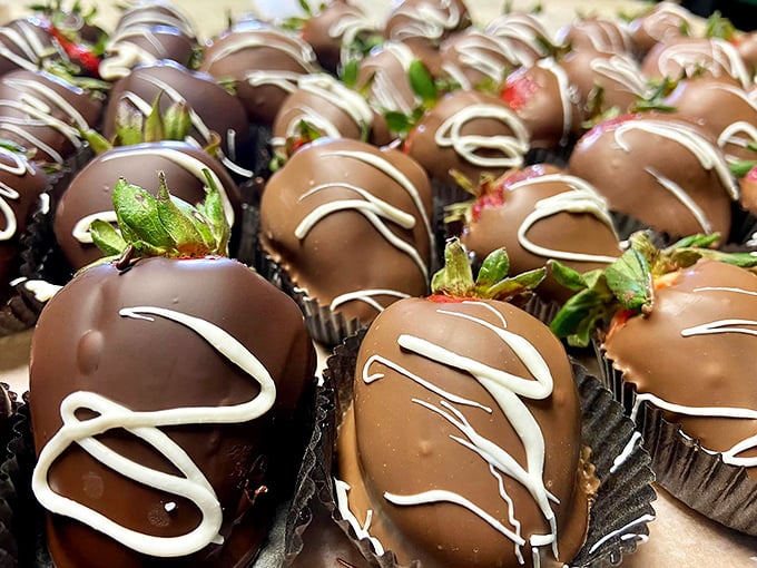 Chocolate-covered Strawberries: Nature's candy dressed in its Sunday best &ndash; these berries wear their chocolate tuxedos with an elegant white chocolate drizzle.