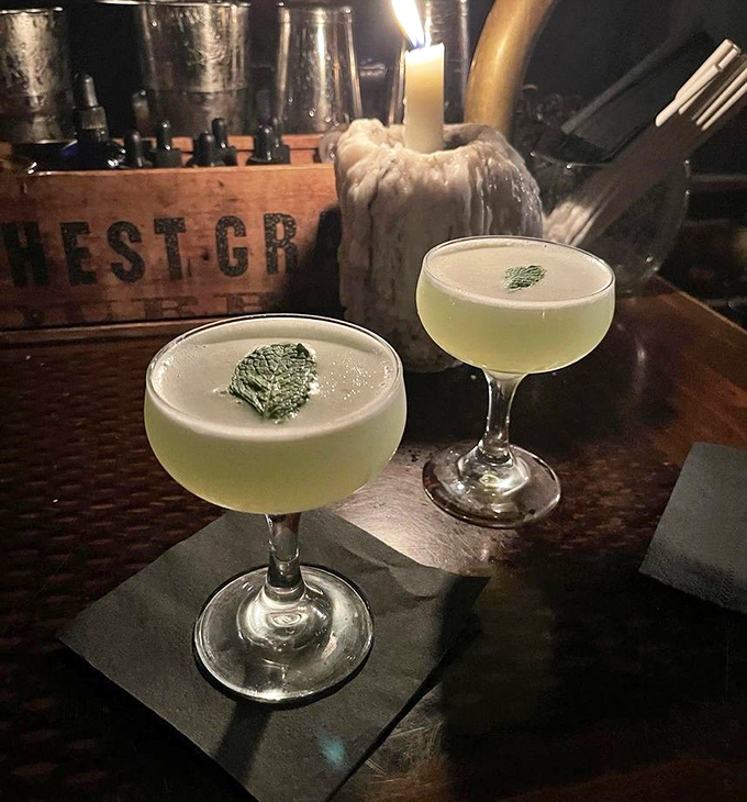Cocktails: Pale green twins garnished with fresh mint &ndash; these aren't just drinks, they're botanical chemistry experiments disguised as refreshment.