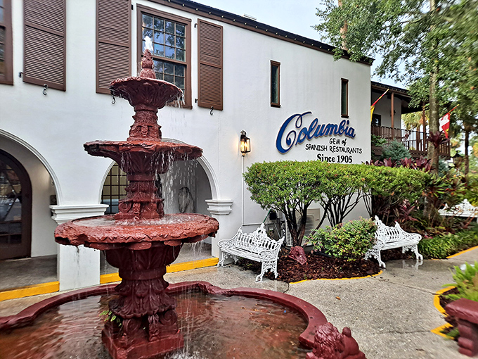 Columbia Restaurant's courtyard fountain provides the perfect backdrop for their legendary 1905 Salad and authentic Spanish cuisine since 1905.