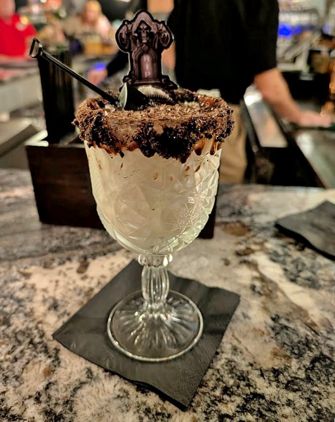 Dessert or cocktail? Why choose? This decadent cookies-and-cream creation comes with its own tombstone garnish &ndash; wickedly delicious literary indulgence.