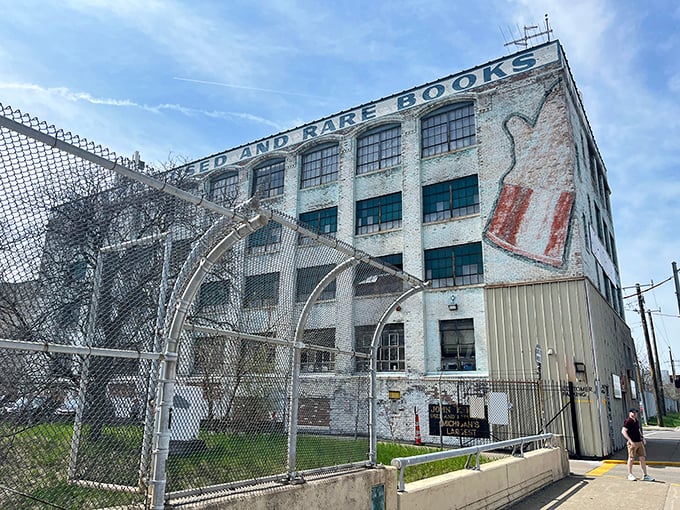 Chain-link fencing surrounds this literary fortress, a reminder of Detroit's industrial past while protecting the intellectual treasures housed within.