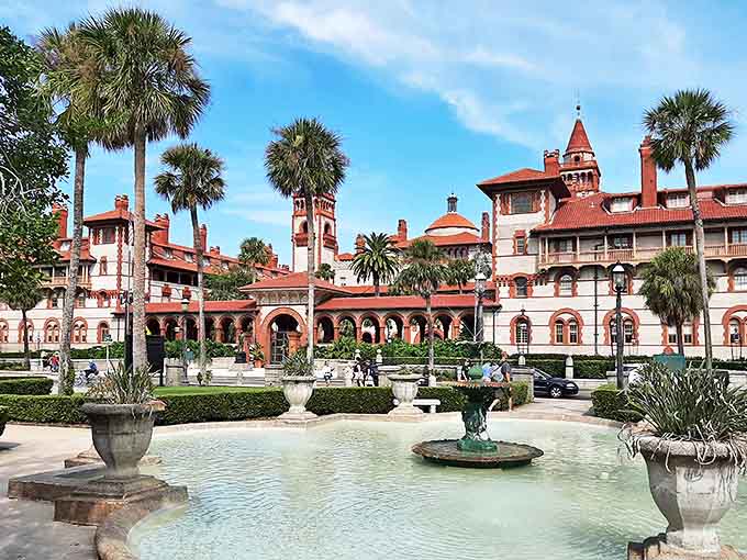 Flagler College's courtyard fountain provides a moment of serenity amid Spanish Renaissance splendor that would make royalty feel underdressed.