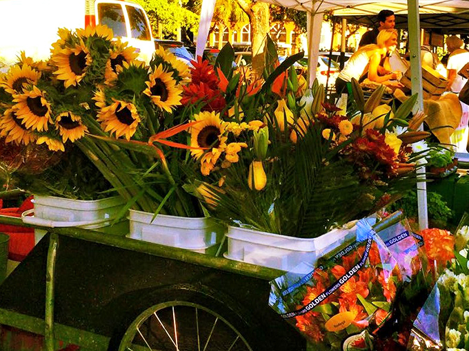 Sunflowers stand tall among tropical blooms, their cheerful faces a perfect metaphor for the market's sunny disposition.