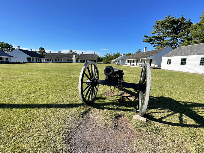 Fort Wilkins Historic State Park transports visitors back to 1844, with a cannon standing sentinel over perfectly preserved military buildings.