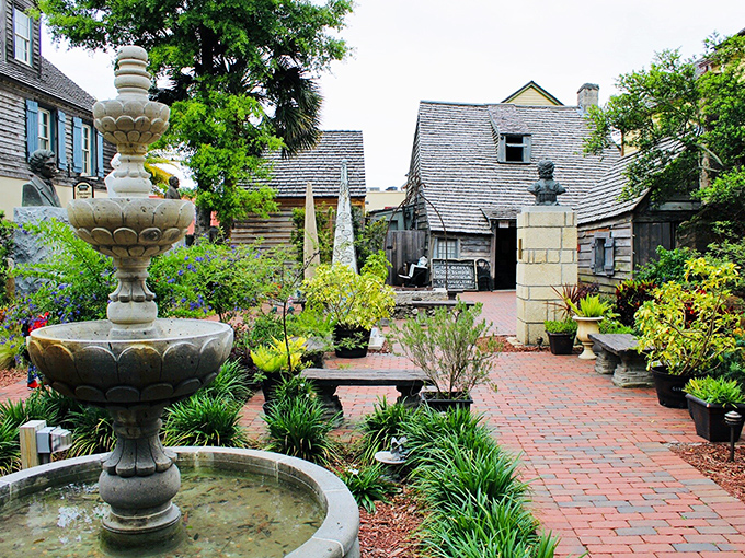 Water dances in this centuries-old fountain, providing a serene soundtrack for visitors exploring America's oldest wooden educational institution.