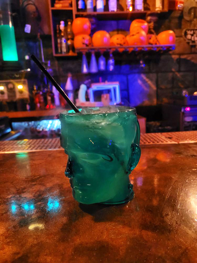 "Frank's Stein" arrives in a skull-shaped vessel with caramel drizzle that looks suspiciously like something oozed from a laboratory experiment gone deliciously wrong.