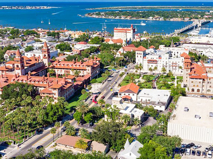 From above, St. Augustine reveals its perfect blend of Spanish colonial charm and coastal Florida beauty, like a historical theme park designed by Mother Nature herself.