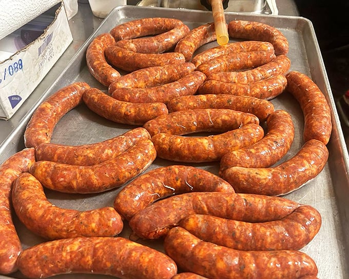 The star attraction: housemade Italian sausages waiting for their moment of glory. These aren't your supermarket links, folks.