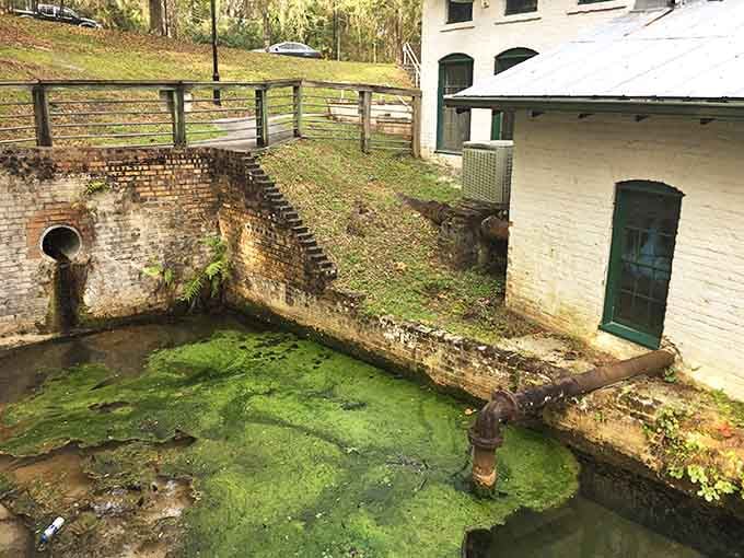 Industrial archaeology at its finest – original pipes emerge from brick walls, telling stories of 19th-century engineering ingenuity.
