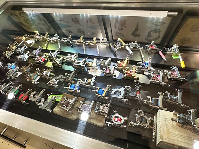 Not just art, but tools of the trade &ndash; dozens of vintage tattoo machines showcase the mechanical side of this craft.