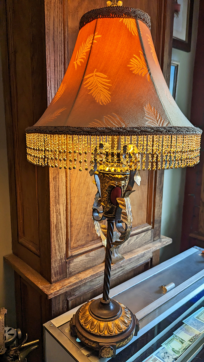 Amber light filters through this ornate lamp's embroidered shade, casting the kind of warm glow that makes even ordinary evenings feel like special occasions.