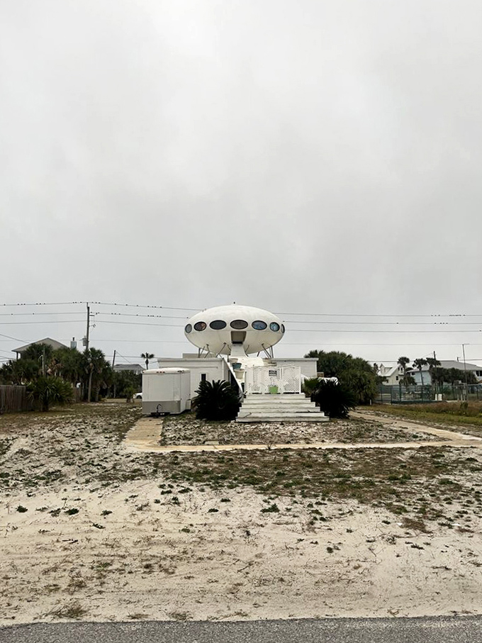 Even against an overcast sky, the Futuro House maintains its otherworldly charm, like a misplaced movie prop waiting for its scene.