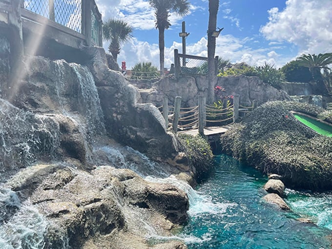 Rocky Waterfall View: Nature meets imagination as water cascades over meticulously crafted rock formations, creating both visual splendor and the perfect putting challenge.