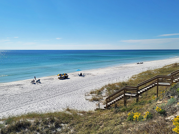 San Juan's sandy invitation: The weathered wooden steps seem to whisper, "Hurry down, the water's fine!" as they guide beach-goers to Seagrove's pristine shoreline.