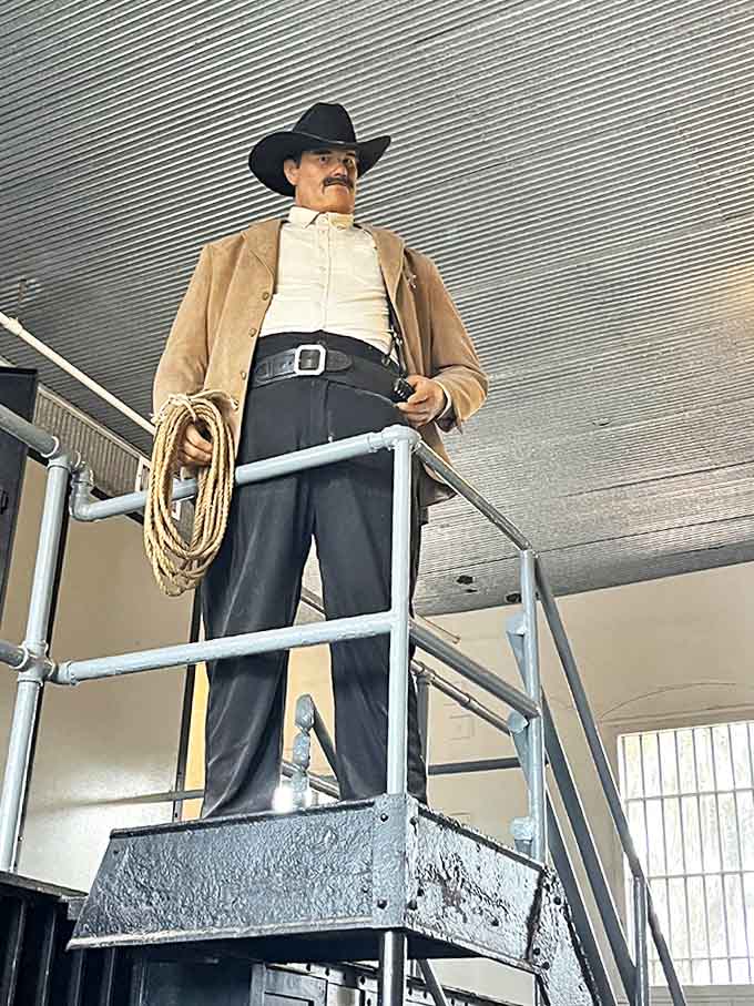 The imposing sheriff figure stands watch from his platform, a silent reminder of the authority that ruled this domain for over six decades.