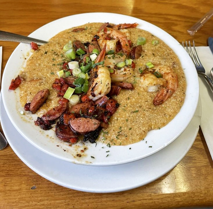 Southern comfort meets Keys seafood in this bowl of creamy grits topped with plump shrimp and savory andouille sausage.