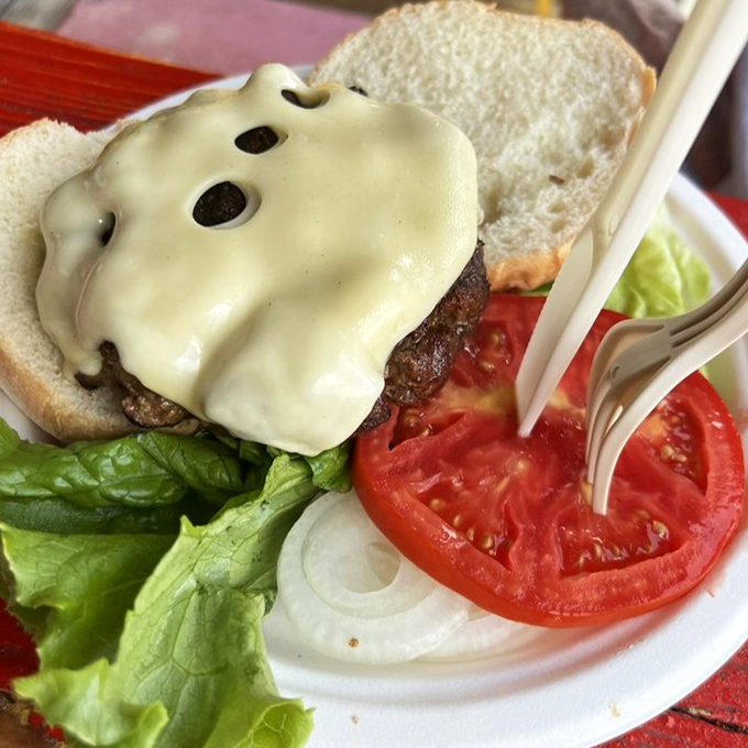 Swiss cheese cascades like a dairy waterfall over this hand-formed sirloin patty – a simple combination elevated to art form.