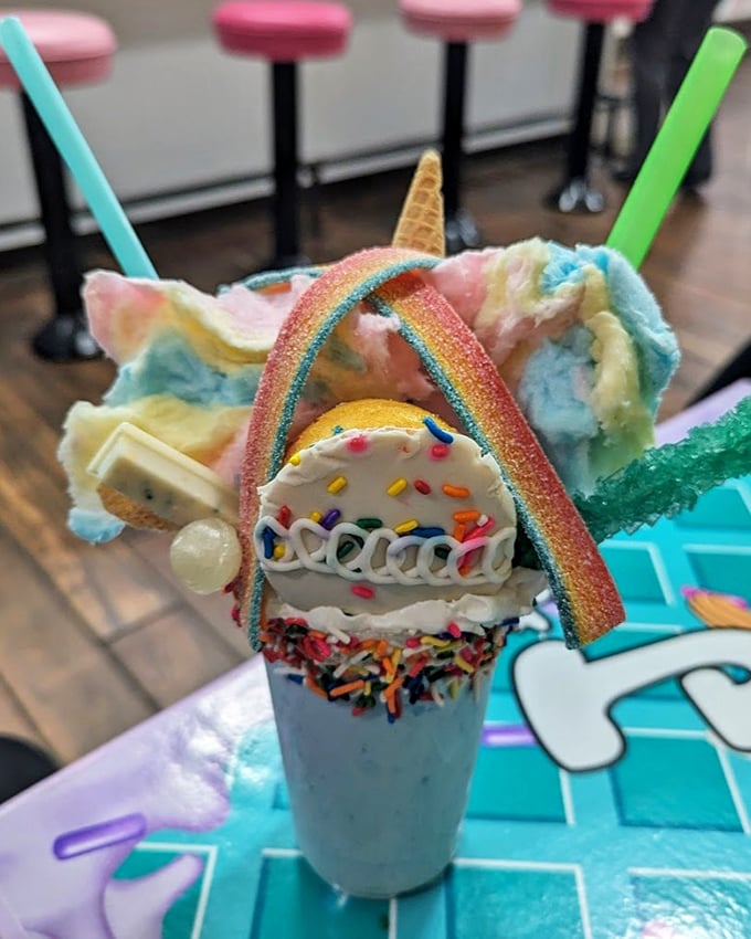 The Unicorn Milkshake &ndash; where rainbow candy, cotton candy, and sprinkles come together in what can only be described as "edible joy."