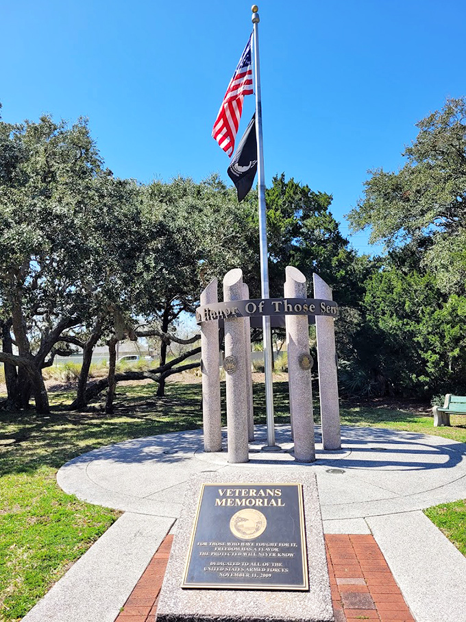 Honor amidst art &ndash; the Veterans Memorial provides a moment of solemn reflection, with flags standing tall against coastal breezes.