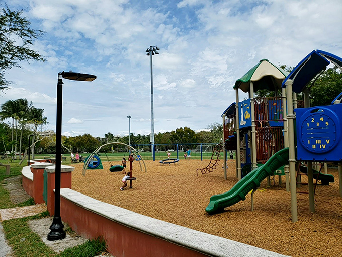 Village Green Park's playground &ndash; where kids burn energy while parents silently thank the genius who invented public recreation spaces.