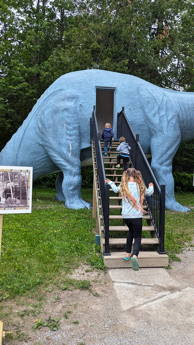 The stairway to dino-heaven! Kids ascend into the belly of the beast for a view unlike any other.