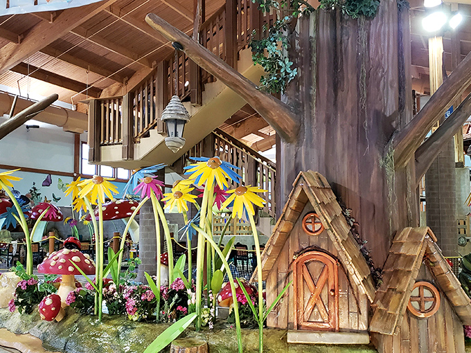 Not your average hotel lobby &ndash; whimsical mushroom houses and fantasy trees create an enchanted forest vibe minus the scary woodsman.