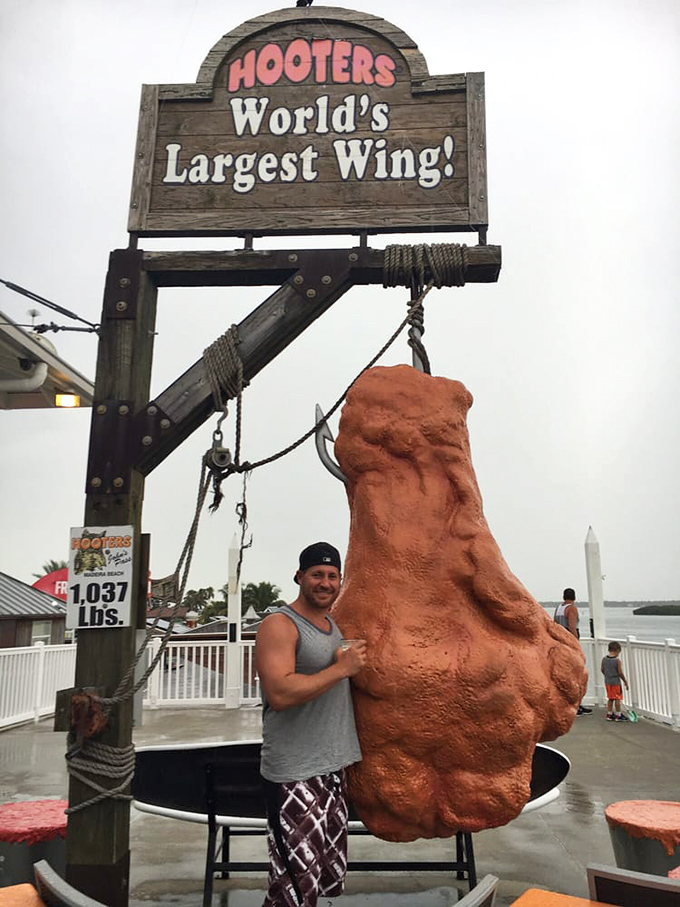 Hanging from its custom-built gallows, this massive morsel has weathered hurricanes and countless selfies since its installation.