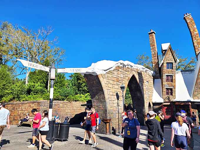 Visitors crossing between Hogsmeade and Diagon Alley pass under a stone archway that might as well be labeled "Abandon Cynicism, All Ye Who Enter Here."