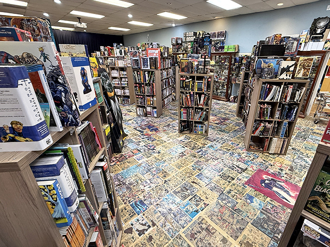 The floor itself tells stories, with comic pages creating a literal foundation of imagination beneath browsing feet.