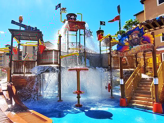 The pirate-themed splash zone's massive tipping bucket creates a moment of delicious suspense before drenching eager kids in liquid joy.