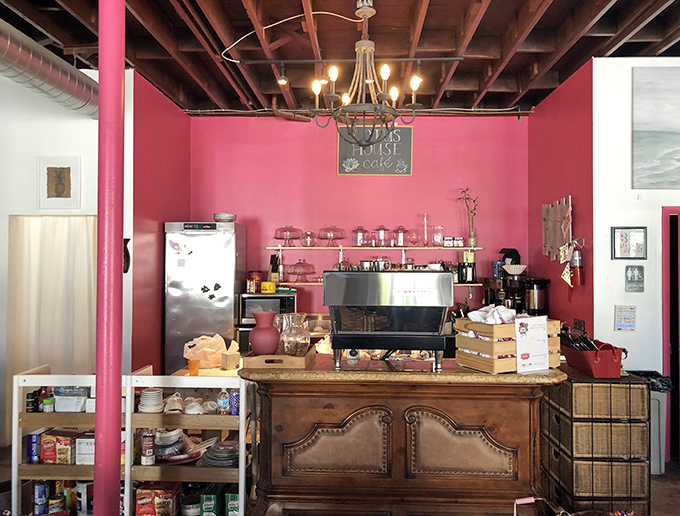 The charming coffee counter, nestled against a vibrant pink wall, provides the perfect pit stop during your treasure hunt &ndash; caffeine-fueled fashion exploration at its finest.