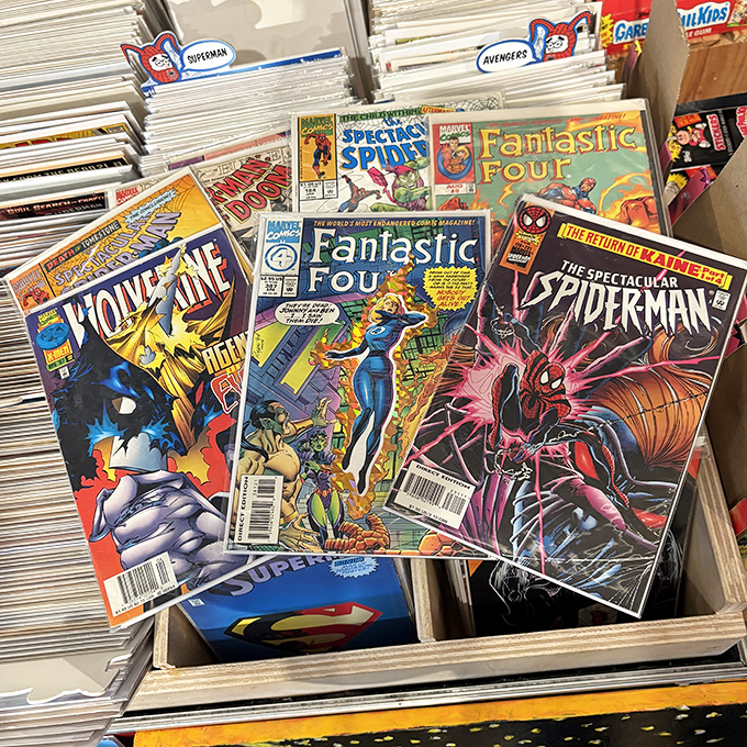 Holy collectibles, Batman! Comic book heaven awaits with Fantastic Four, Spider-Man, and superhero adventures from simpler, more colorful times.