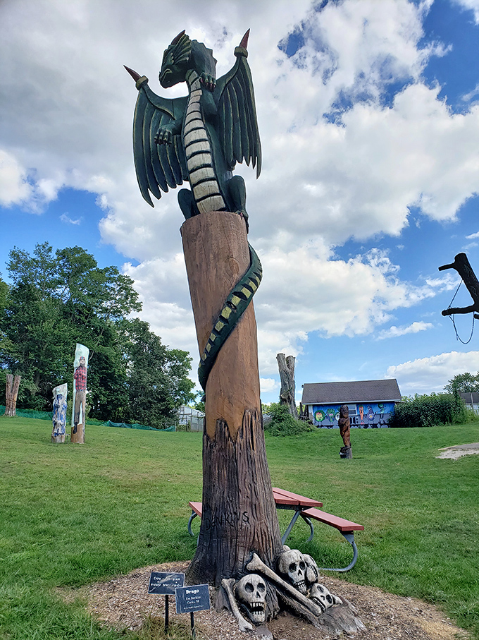 A fearsome dragon coils around its perch, emerald scales gleaming in the sunlight while skull carvings warn of its legendary appetite.