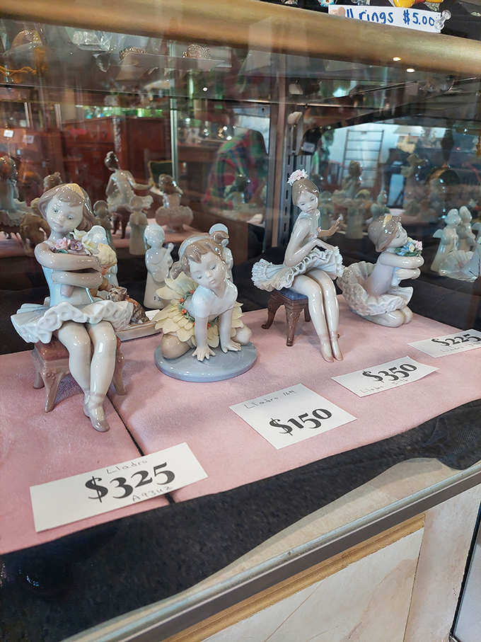 Delicate porcelain figurines line the display case, each with stories to tell and surprisingly reasonable price tags to match.