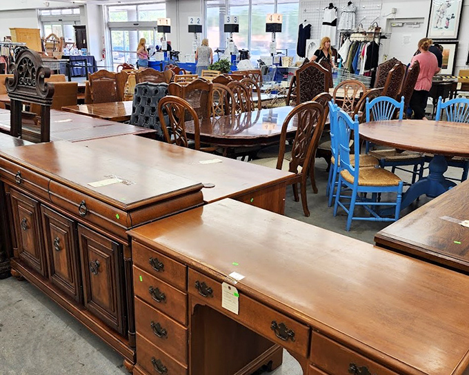 Dining sets galore! That blue chair is practically screaming to become the conversation piece in someone's eclectic kitchen.