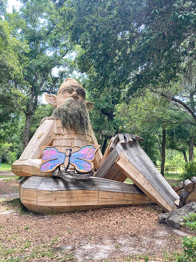 Another angle of Gnomeo reveals the craftsmanship behind this recycled-material marvel&mdash;part sculpture, part woodland deity, all charm.