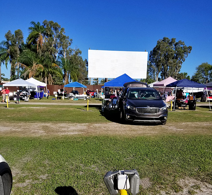 Inside the drive-in grounds, every parking space becomes a private theater box with the best seat in the house.