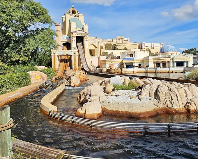 Journey to Atlantis Structure: Ancient-inspired architecture houses this hybrid attraction, where elaborate theming tells the Atlantis story before sending guests on a 60-foot plunge into the watery unknown.