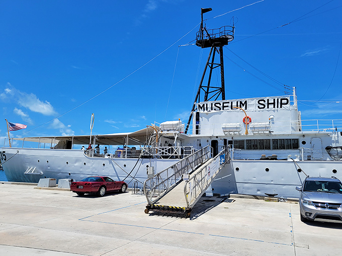 "MUSEUM SHIP" proudly displayed on the vessel's superstructure &ndash; your invitation to step aboard and journey through decades of maritime history.