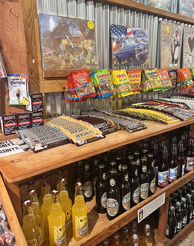This isn't just candy &ndash; it's an international summit of sweets where Haribo gummies negotiate peacefully with American chocolate bars on rustic wooden shelves.