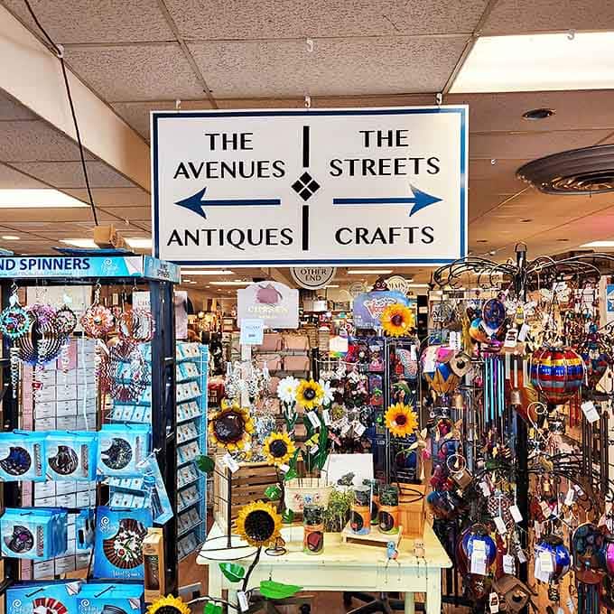 Navigation is half the fun with charming signage directing shoppers through this indoor village of vintage delights.