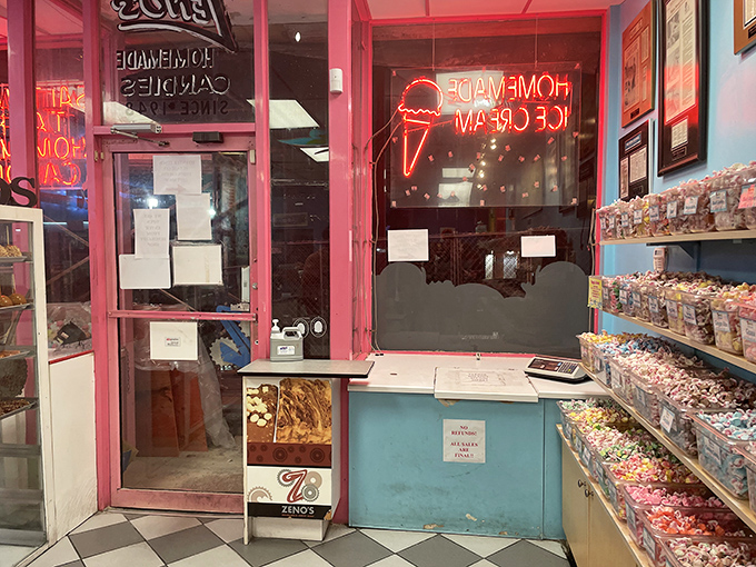 The classic black-and-white checkered floor anchors a kaleidoscope of candy colors, creating the perfect stage for sugar-fueled happiness.