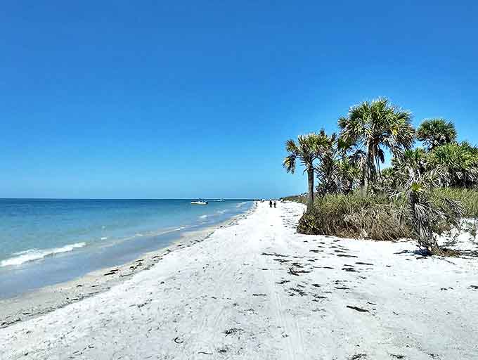 Powdery white sand meets crystal clear waters along Egmont Key's shoreline, where footprints disappear with each gentle wave.