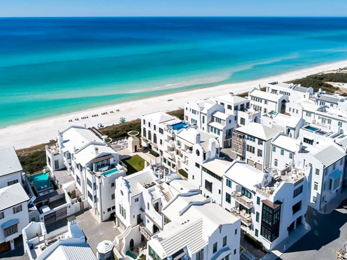 Alys Beach's striking white architecture creates a Mediterranean fantasy against the blue Gulf waters.