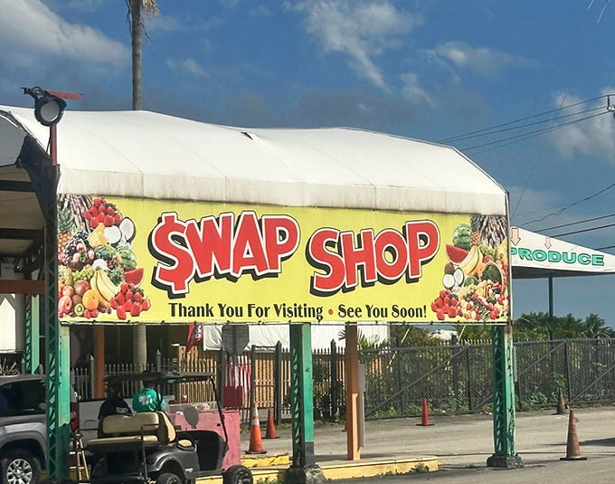 Fruity and fabulous! Fort Lauderdale's Swap Shop welcomes bargain hunters with a produce-themed sign that promises fresh deals as colorful as the fruits decorating its border.